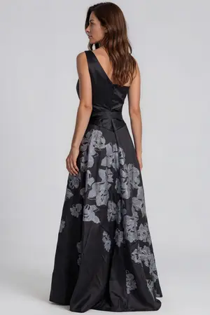 Rene Ruiz Collection One Shoulder Floral Boarder Print Mikado A-line Gown