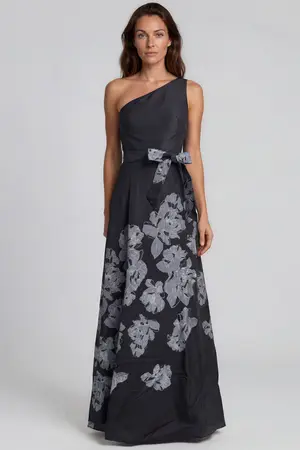 Rene Ruiz Collection One Shoulder Floral Boarder Print Mikado A-line Gown - Black