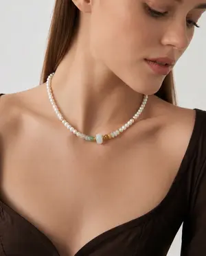 SEREE Mosaic Elora Freshwater Pearl And Multicolor Jade Necklace - Gold