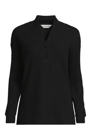 LANDS' END Long Sleeve Waffle Shawl Collar Henley - Black