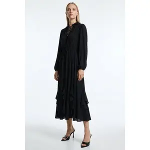 EXQUISE Long Sleeve Drawstring Waist Tiered Midi Dress - Black