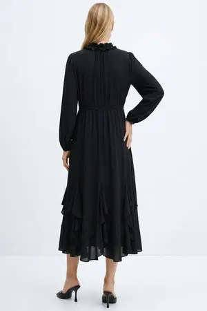 EXQUISE Long Sleeve Drawstring Waist Tiered Midi Dress - Black