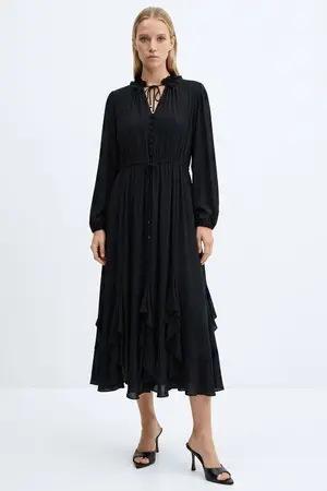 EXQUISE Long Sleeve Drawstring Waist Tiered Midi Dress - Black
