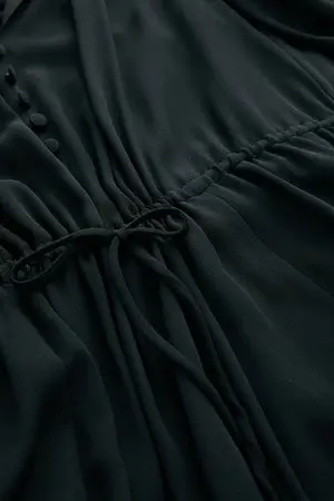 EXQUISE Long Sleeve Drawstring Waist Tiered Midi Dress - Black
