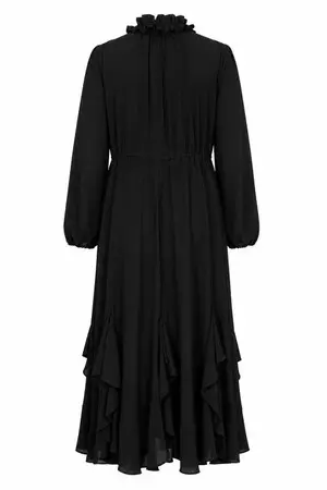 EXQUISE Long Sleeve Drawstring Waist Tiered Midi Dress - Black