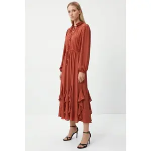 EXQUISE Long Sleeve Drawstring Waist Tiered Midi Dress - Cinnamon