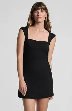 LANDS' END Chlorine Resistant Square Neck Ruched Swim Dress One Piece Swimsuit - Black