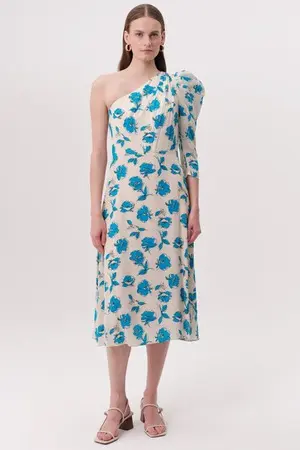 EXQUISE One Shoulder Floral Print Midi Dress