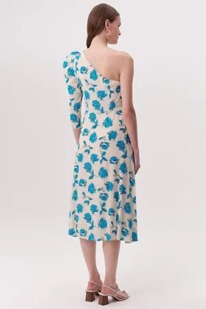 EXQUISE One Shoulder Floral Print Midi Dress