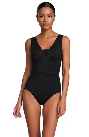 LANDS' END Slendersuit Grecian Low Leg One Piece Swimsuit - Black
