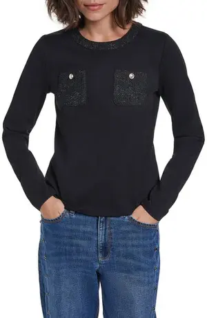 Karl Lagerfeld Paris Ponte Long Sleeve Top With Button Pockets