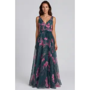 Rene Ruiz Collection V-neck Floral Printed Organza Waist Tie A-line Gown - Multi
