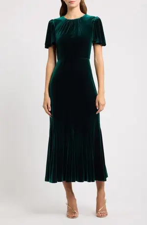 Eliza J Flutter Sleeve Velvet Midi Dress - Hunter