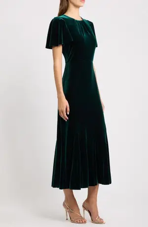 Eliza J Flutter Sleeve Velvet Midi Dress - Hunter