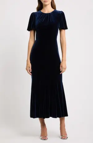 Eliza J Flutter Sleeve Velvet Midi Dress - Navy