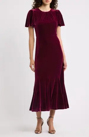 Eliza J Flutter Sleeve Velvet Midi Dress - Wine
