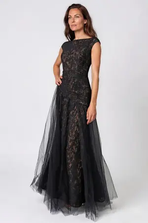 Rene Ruiz Collection Bateau Neck Lace Tulle A-line Gown
