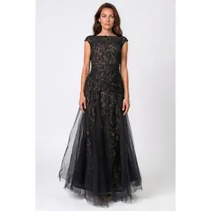 Rene Ruiz Collection Bateau Neck Lace Tulle A-line Gown - Black