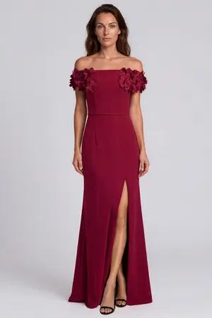 Rene Ruiz Collection Off The Shoulder Crepe Gown - Garnet