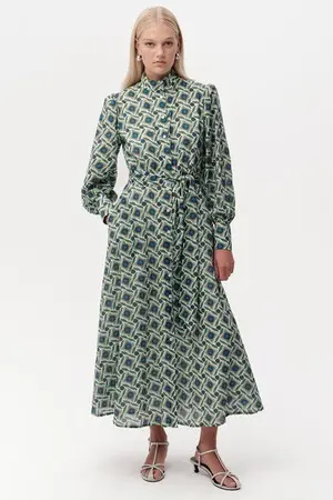 EXQUISE Chamonix Embroidered Collar Patterned Midi Dress