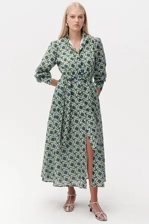 EXQUISE Chamonix Embroidered Collar Patterned Midi Dress