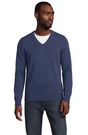 LANDS' END Fine Gauge Cotton V-neck Sweater - Nightfall Blue