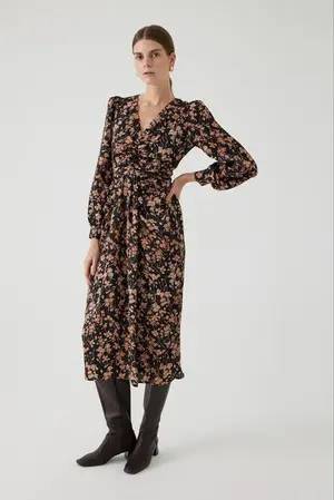 EXQUISE Floral Print V Neck Waist Fit Midi Dress
