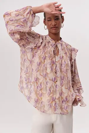 EXQUISE Kasandra Tie Neck Long Sleeve Blouse