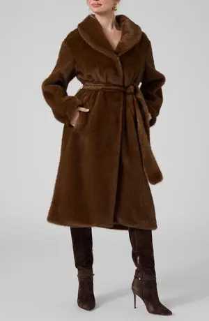 MARCIANO Monique Faux Fur Belted Coat - Open Brown