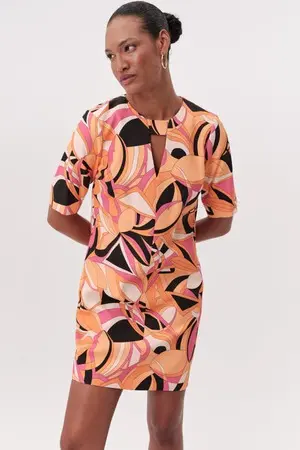 EXQUISE Short Sleeve Cut Out Mini Printed Dress