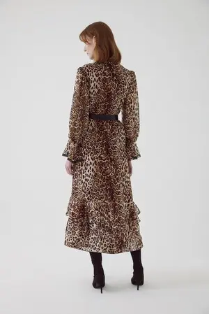 EXQUISE Leopard Print Pocketed Relaxed Midi Dress