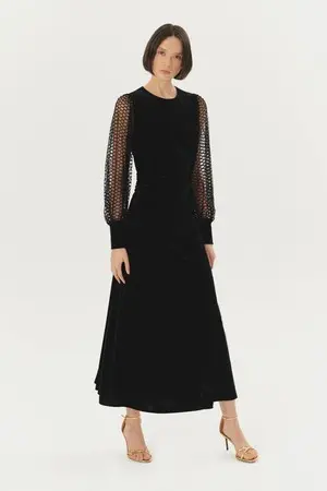 EXQUISE Stretch Lace Sleeve Midi Velvet Dress - Black