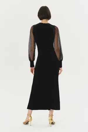 EXQUISE Stretch Lace Sleeve Midi Velvet Dress