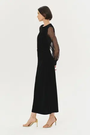 EXQUISE Stretch Lace Sleeve Midi Velvet Dress