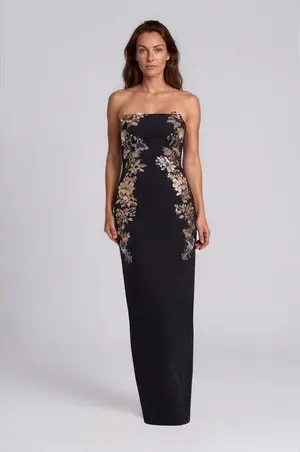 Rene Ruiz Collection Strapless Crepe Column Gown - Black Multi