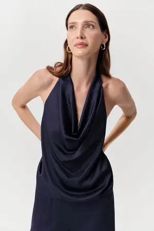 EXQUISE Tasha Cowl Neck Halter Tie Satin Blouse - Navy