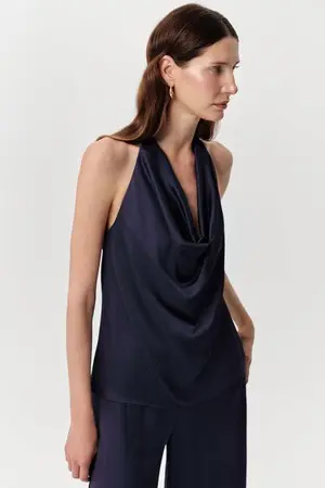 EXQUISE Tasha Cowl Neck Halter Tie Satin Blouse