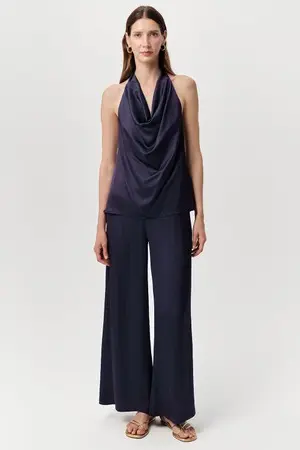 EXQUISE Tasha Cowl Neck Halter Tie Satin Blouse