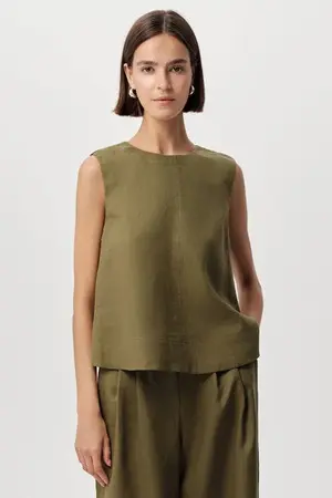 EXQUISE Almira Crew Neck Linen Blouse - Khaki