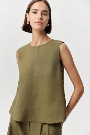 EXQUISE Almira Crew Neck Linen Blouse - Khaki