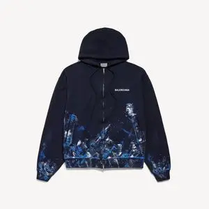 Balenciaga Paint Splatter Oversized Zip-up Hoodie - Blue
