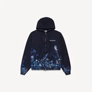 Balenciaga Paint Splatter Oversized Zip-up Hoodie - Blue