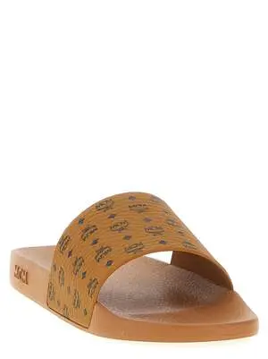 Mcm All-over Monogram Slides - Brown