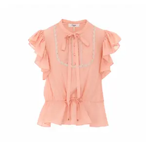 Chloé Short-sleeve Ruffle Top In Washed Silk Habotai & Lace - Pink
