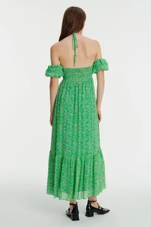 EXQUISE Halter Neck Floral Chiffon Midi Dress