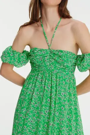 EXQUISE Halter Neck Floral Chiffon Midi Dress