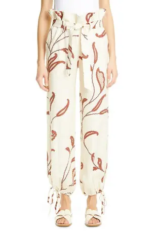 JOHANNA ORTIZ Leaf Print Linen Paperbag Pants