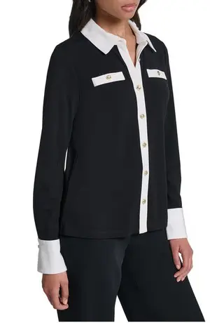Karl Lagerfeld Paris Contrast Trim Collared Knit Top
