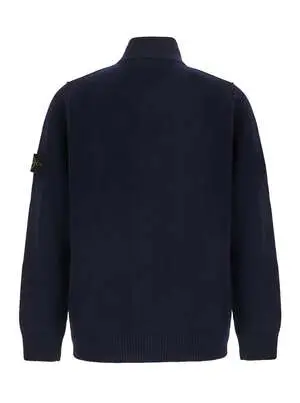 Stone Island Blue Cardigan With High Collar And Logo Patch On The Sleeve In Wool For - Multicolor