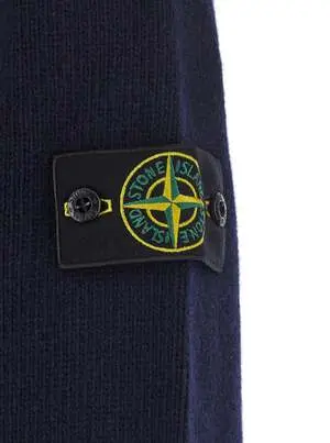 Stone Island Blue Cardigan With High Collar And Logo Patch On The Sleeve In Wool For - Multicolor